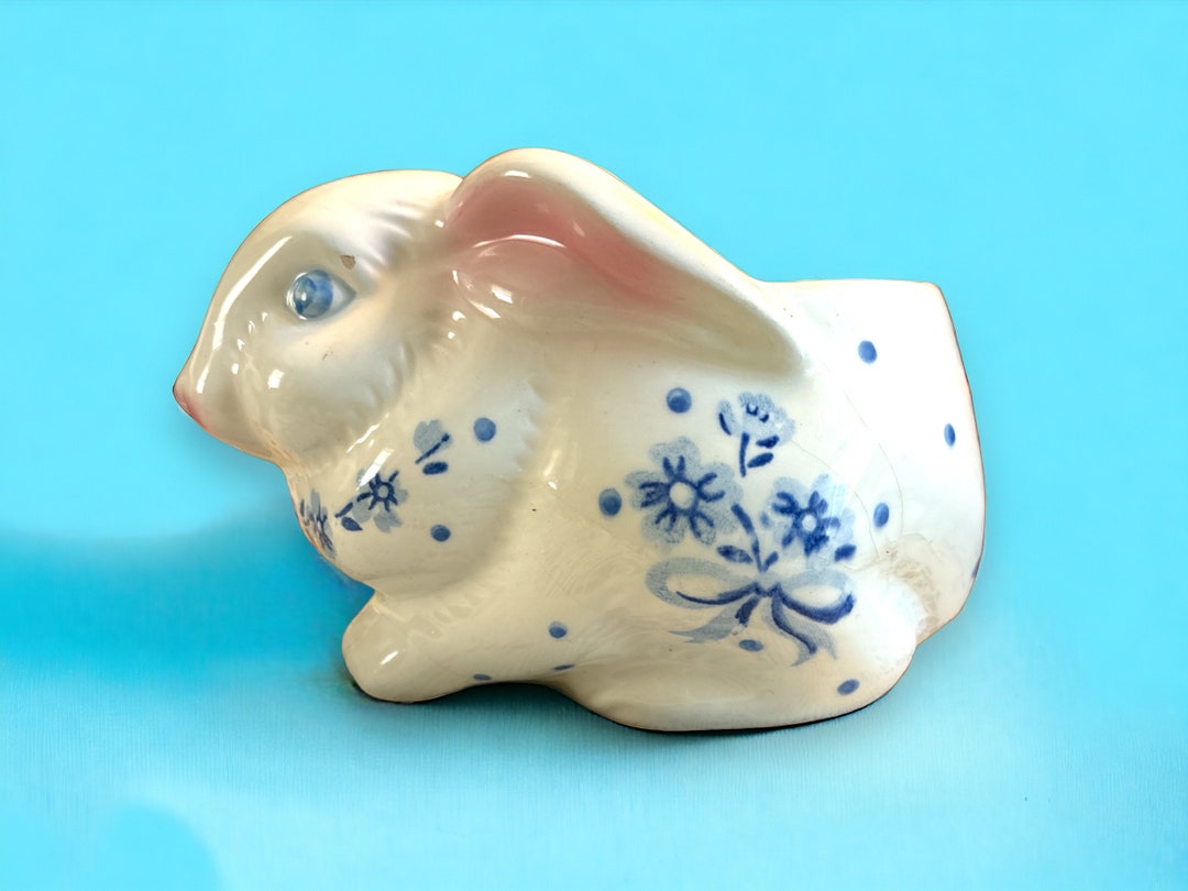 Vintage Ceramic Bunny Rabbit Planter With Blue and White Flowers, Delft ...