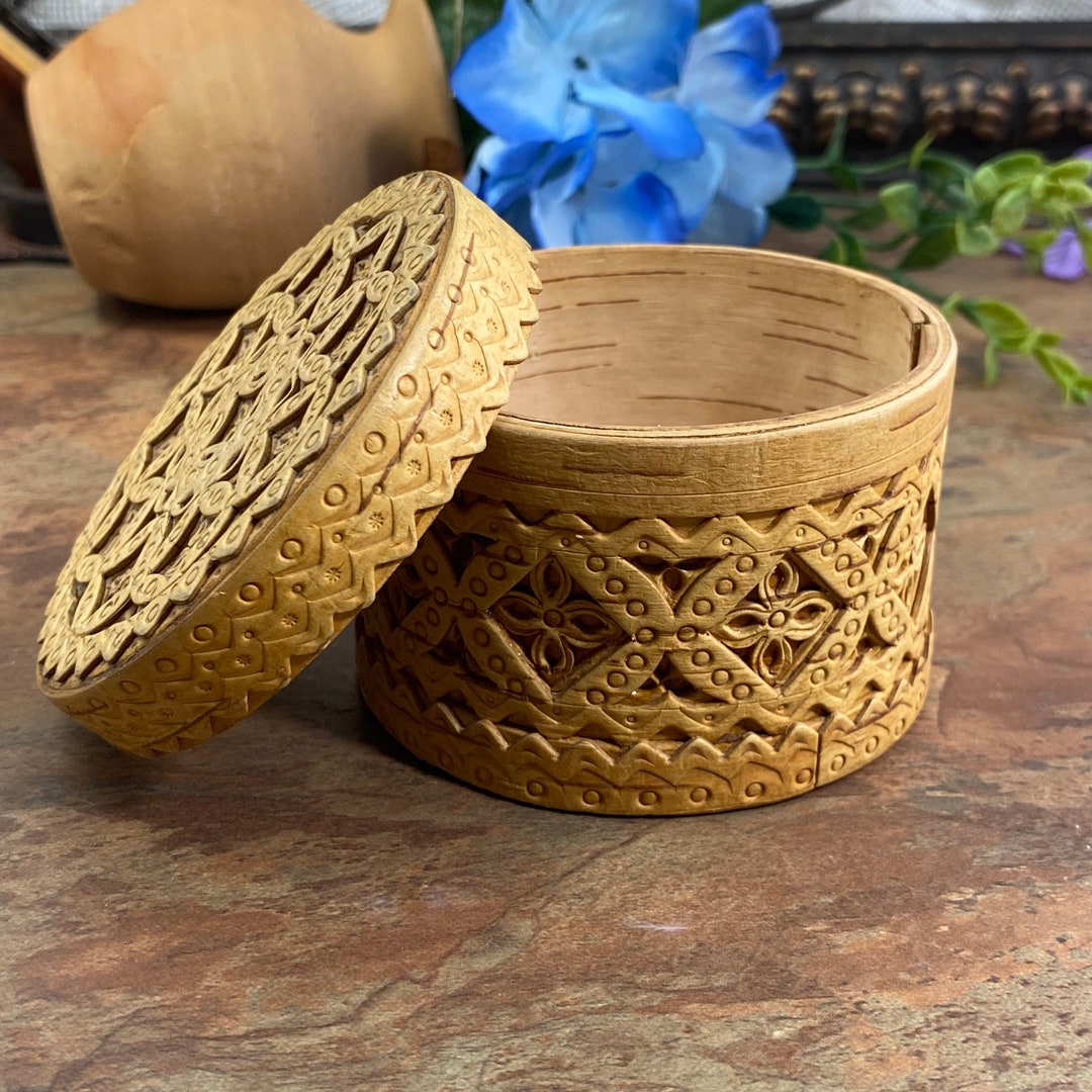 Round Birch Bark Trinket Box With Flower of Life Design | Carved Wood ...