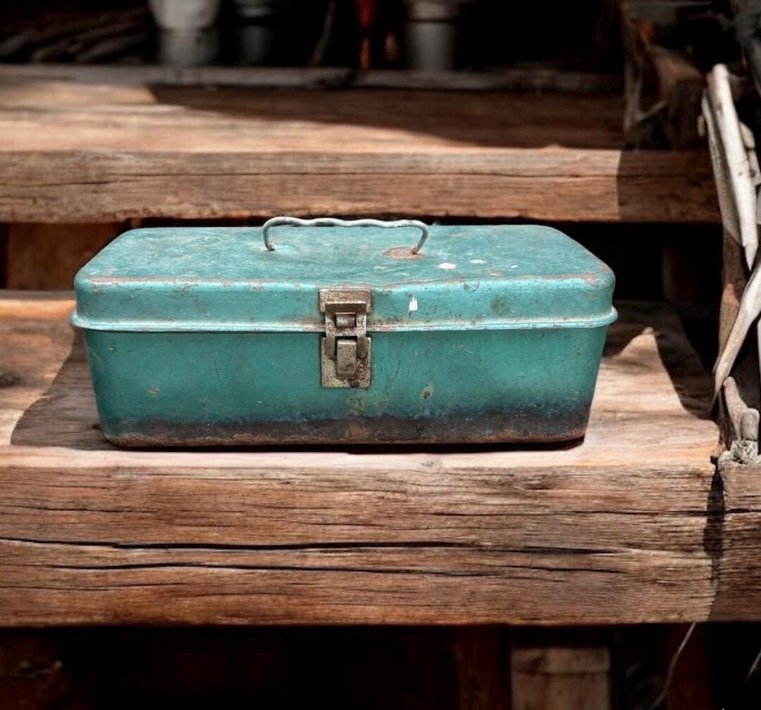 Vintage Teal Metal Toolbox | Rustic Industrial Lunchbox | Mid Century ...