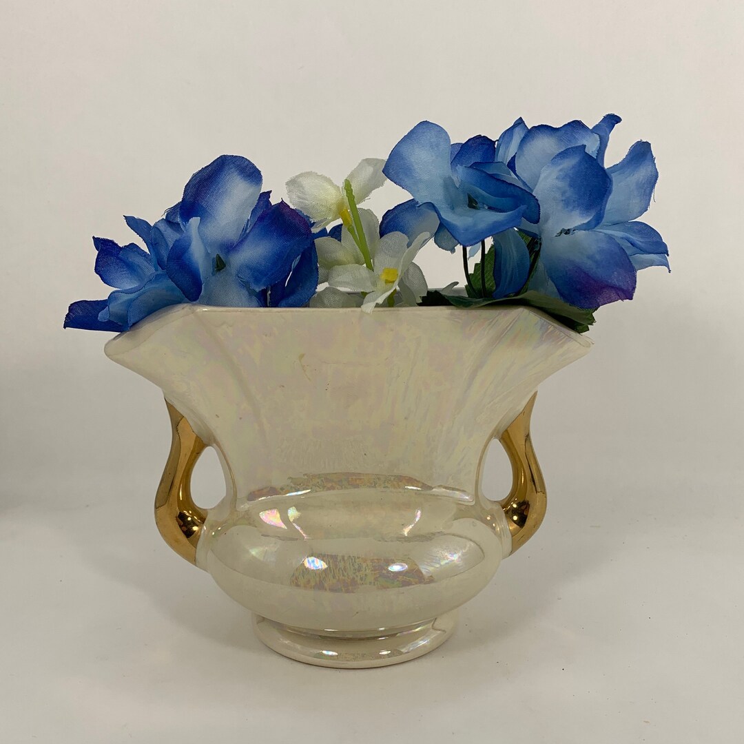 Iridescent Pearl Glass Vase With Gold Handles - Etsy