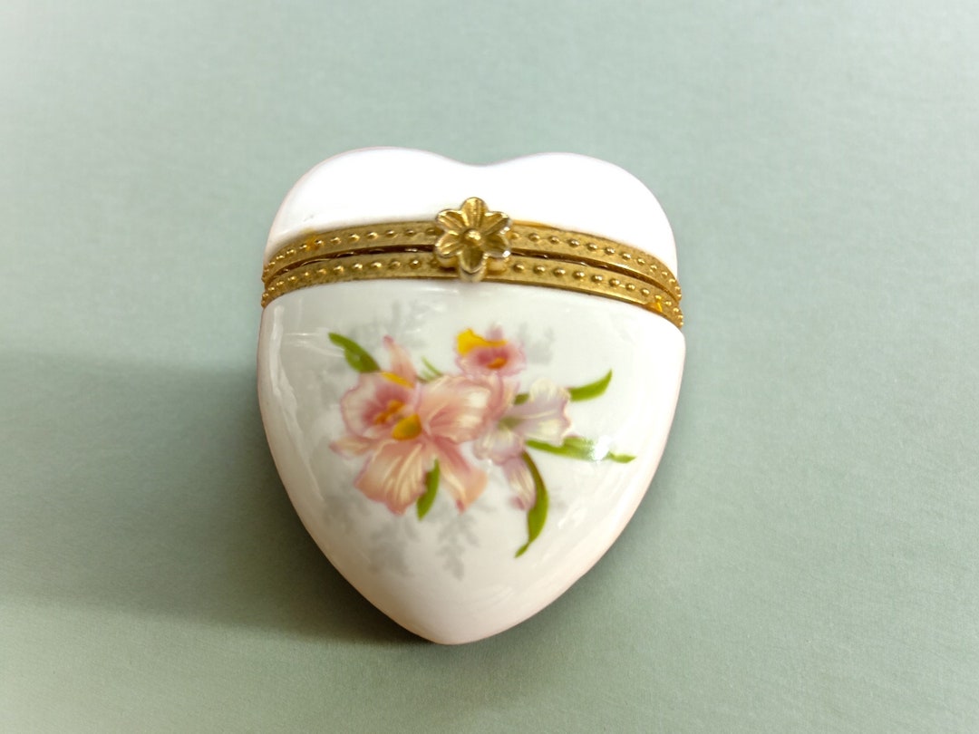 Porcelain Heart Box With Pink Orchids, Heart Trinket Box, Puffed Heart ...