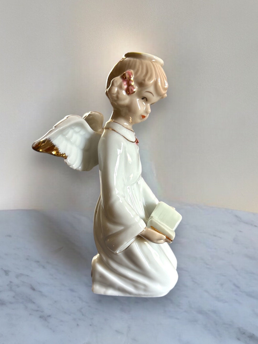 Vintage Rare Sansco Porcelain Angel Figurine W/ Gold Trim Holding Book ...