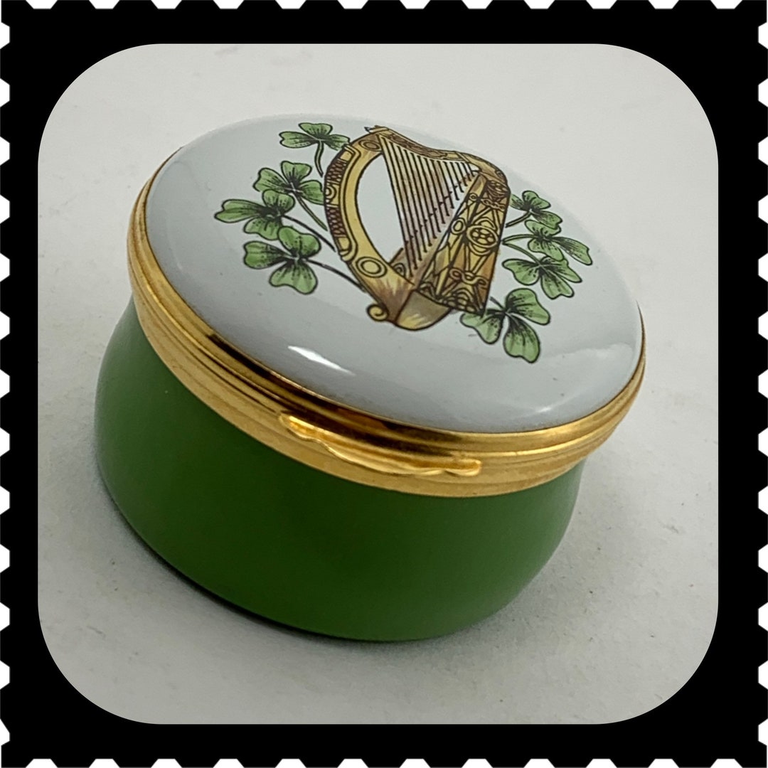 Crummles Enamel Trinket Pill Box, Irish Design Trinket Box, Clovers and Harp - Etsy New Zealand