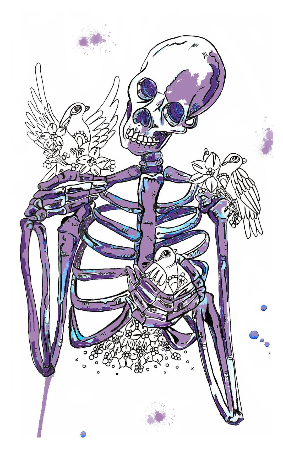Purple Skeleton & Dove Art Print With Pin Badge: Macabre Illustration ...
