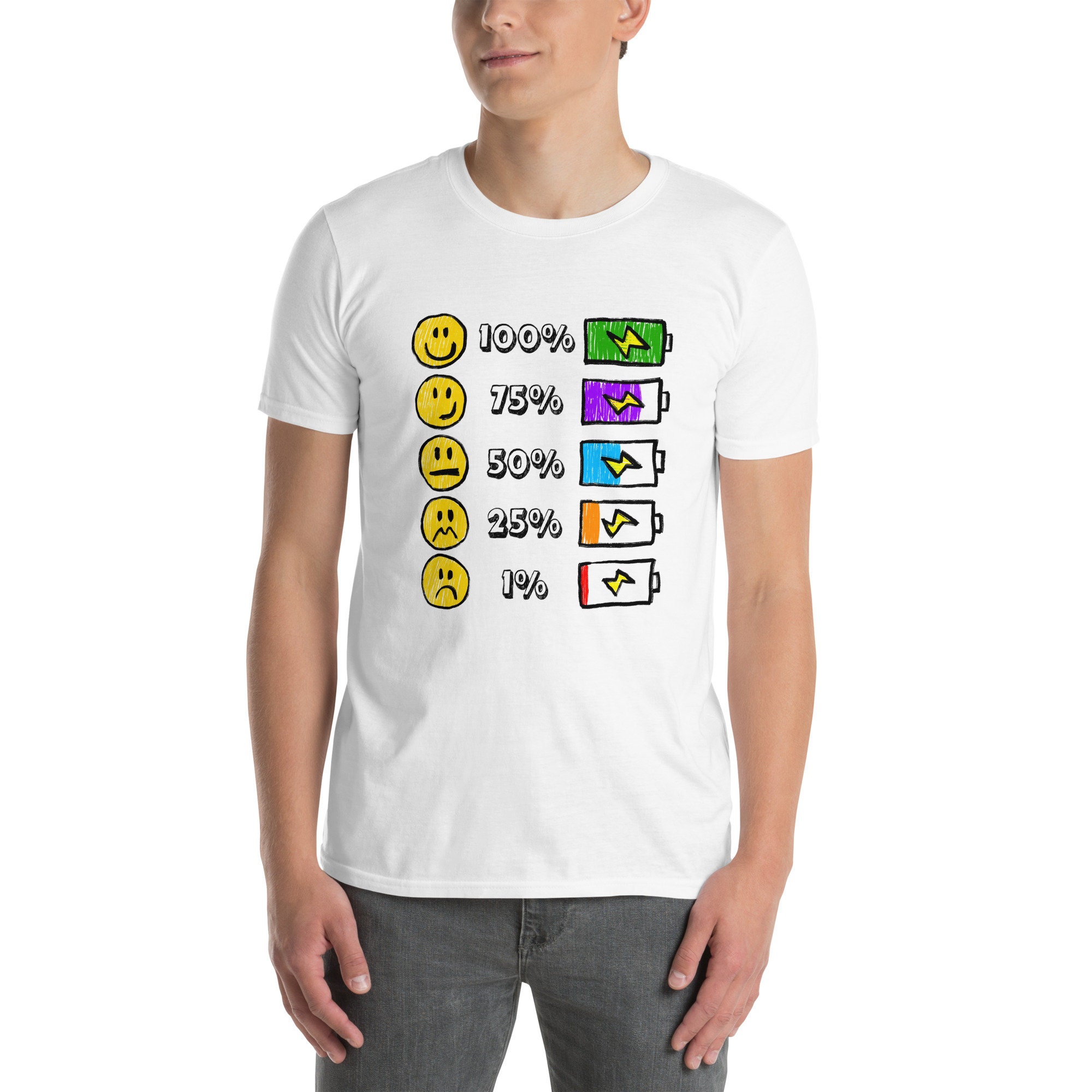 Battery Tshirts Emoji, 1 to 100% Moody to Happy Face, Funny Tshirt ...