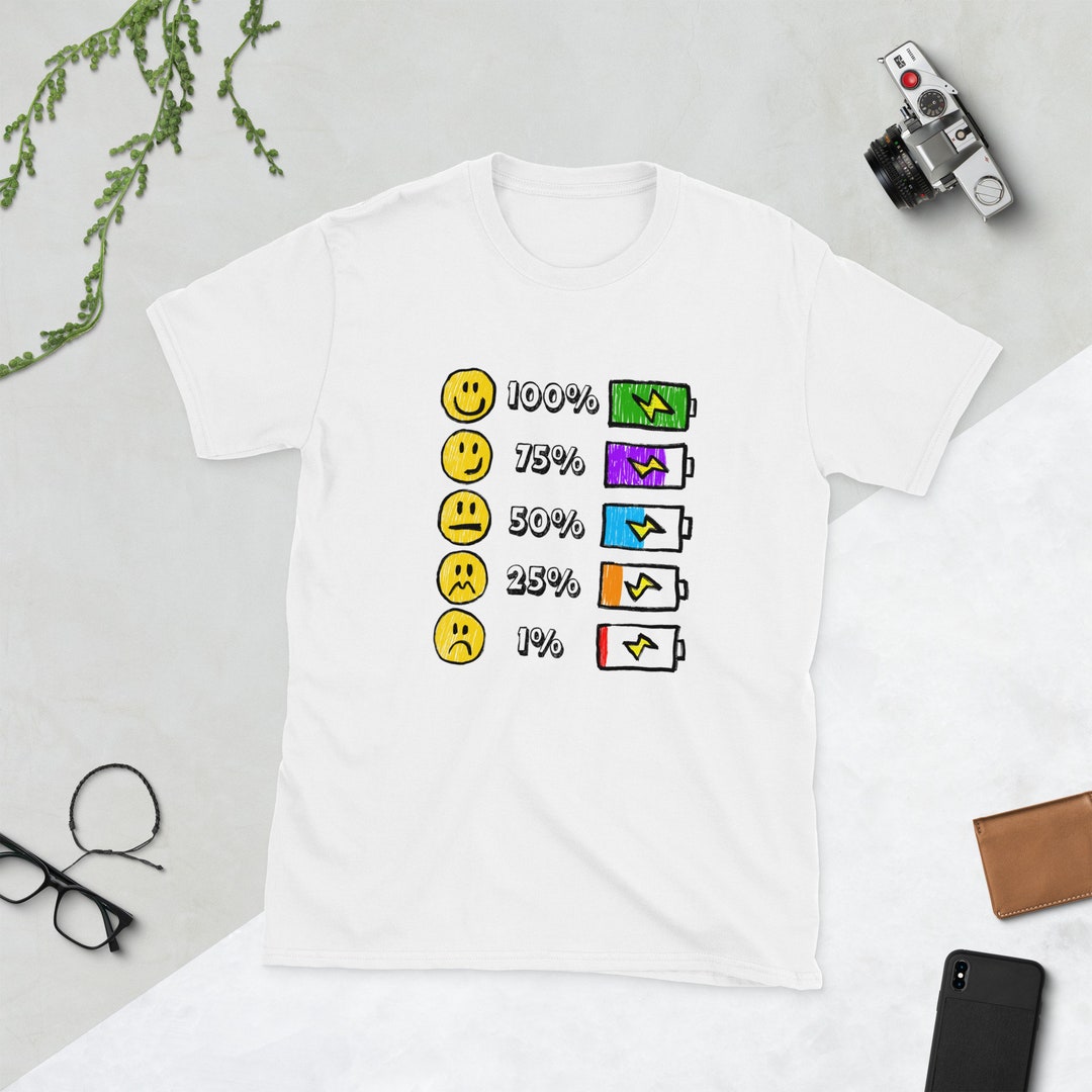 Battery Tshirts Emoji, 1 to 100% Moody to Happy Face, Funny Tshirt ...