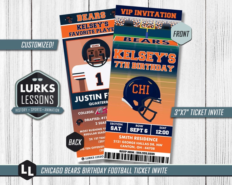 Chicago Bears Themed Birthday Ticket Invite Digital Download Football ...
