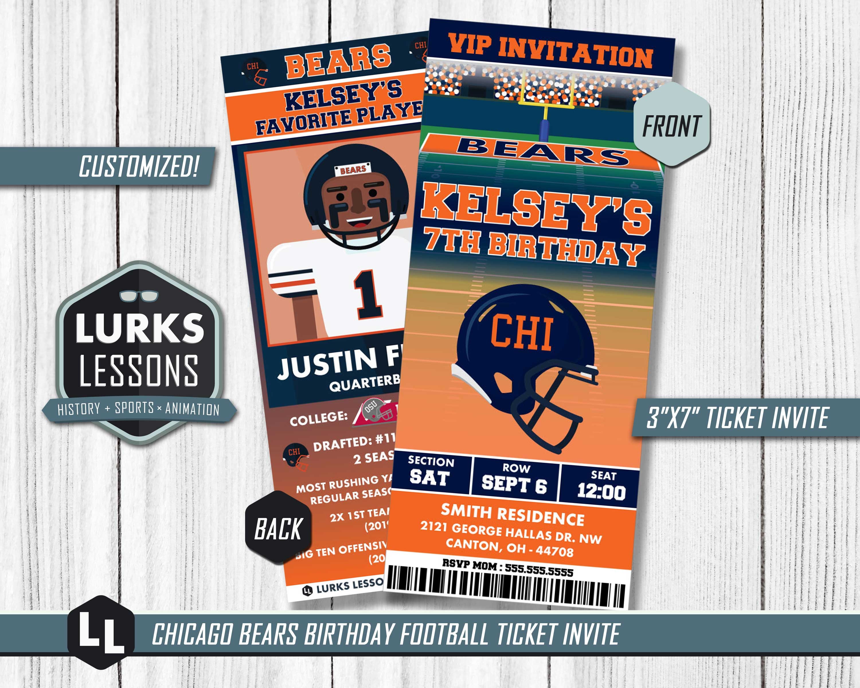 Chicago Bears Themed Birthday Ticket Invite Digital Download Football ...