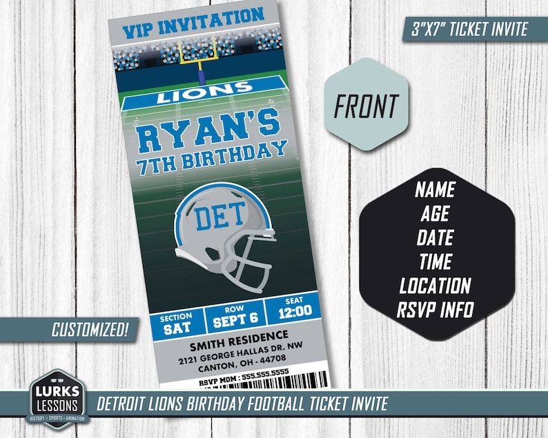 Detroit Lions Themed Birthday Ticket Invite Digital Download Football ...