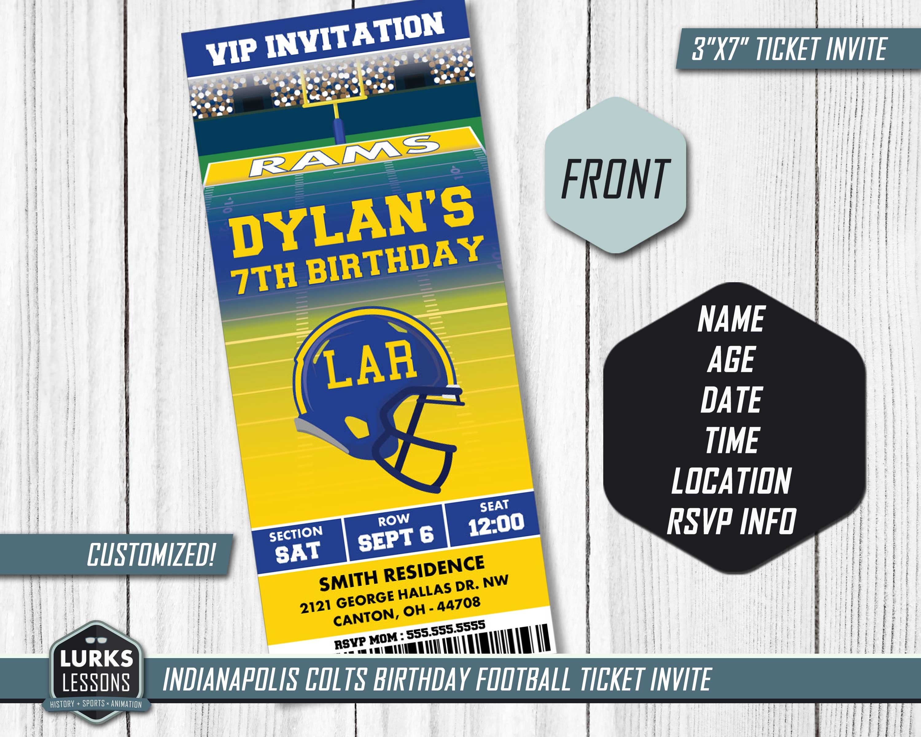 Los Angeles Rams Themed Birthday Ticket Invite Digital Download ...
