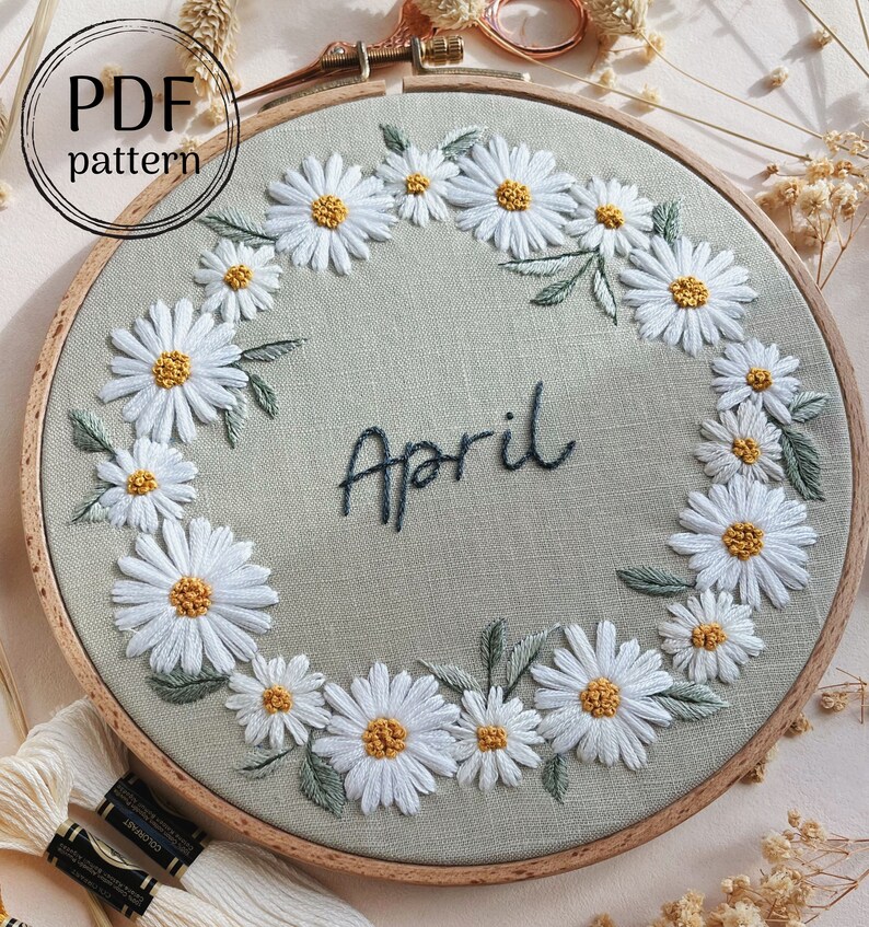 Customizable Hand Embroidery Pattern PDF + Video | Daisy April Birth ...