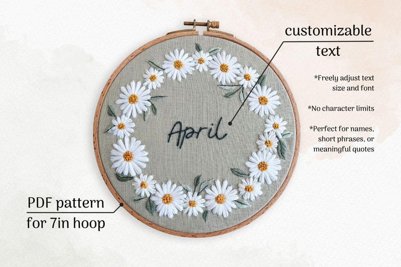 Daisy Wreath Embroidery Pattern: Customizable April Birth Month Flower ...