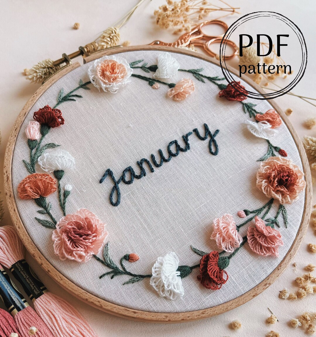 Carnation January Birth Month Flower, Customizable Hand Embroidery ...
