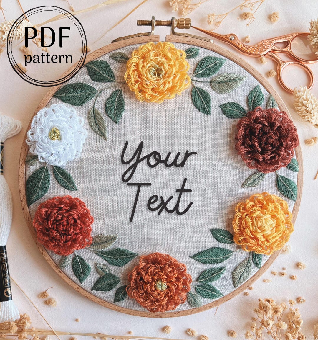 Chrysanthemum Wreath Embroidery Pattern: Customizable November Birth ...