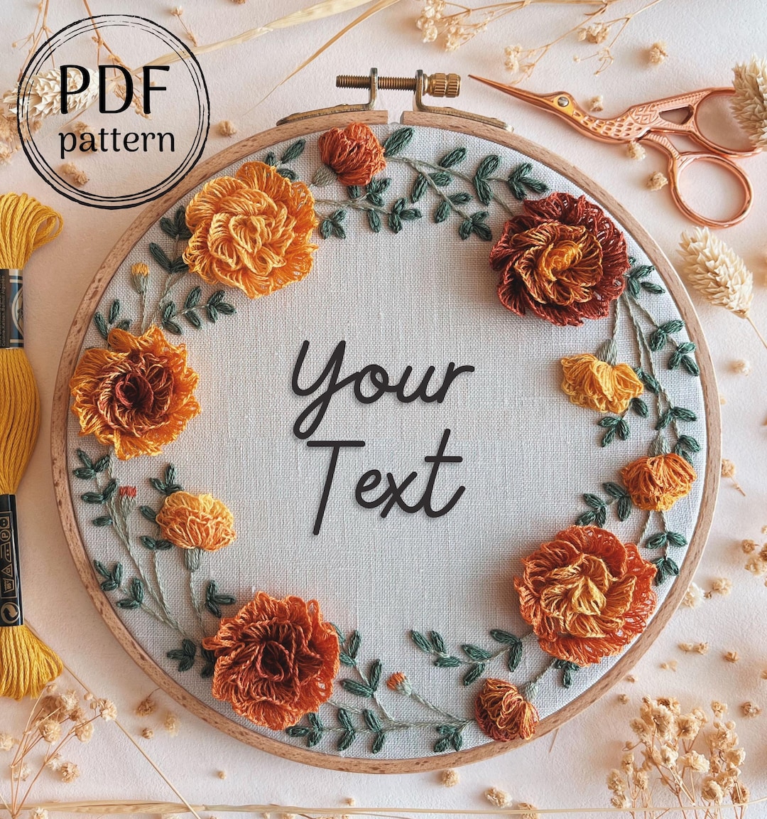 Marigold Wreath Embroidery Pattern: Customizable October Birth Month ...