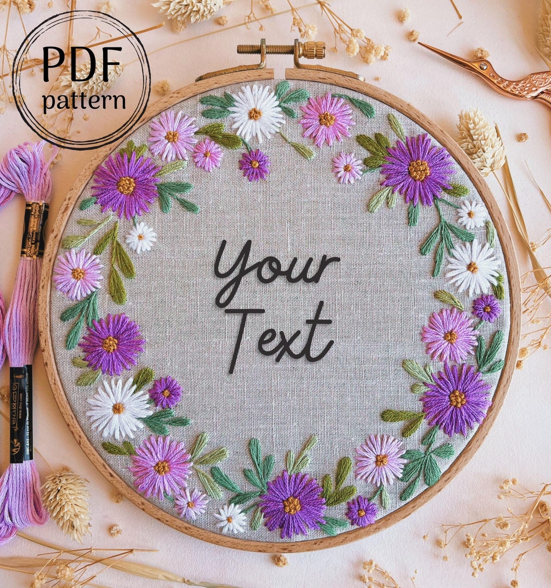 Aster Wreath Embroidery Pattern: Customizable September Birth Month ...