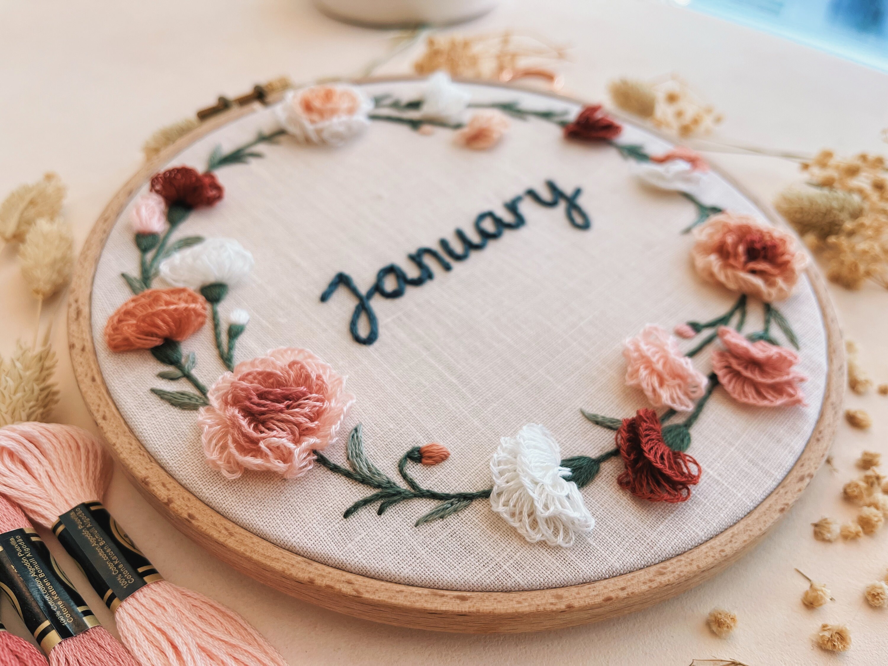 Carnation Wreath Embroidery Pattern: Customizable January Birth Month ...