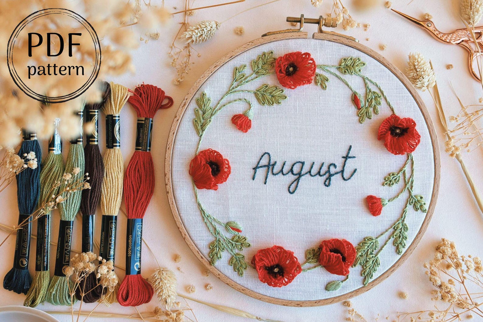 Red Poppies, August Birth Month Flower, Customisable Hand Embroidery ...