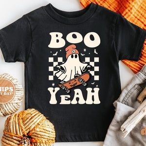 Kids Halloween Shirt Boo Yeah Skateboard Wht Kids Retro Tshirt ...