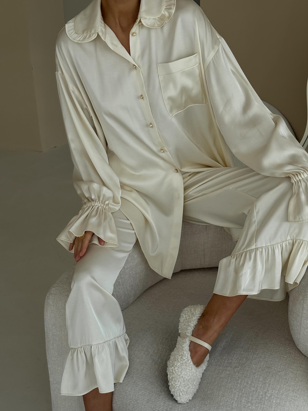 White Satin Pajama Set Long Sleeve Ivory Satin Pajama Set Bridesmaid ...