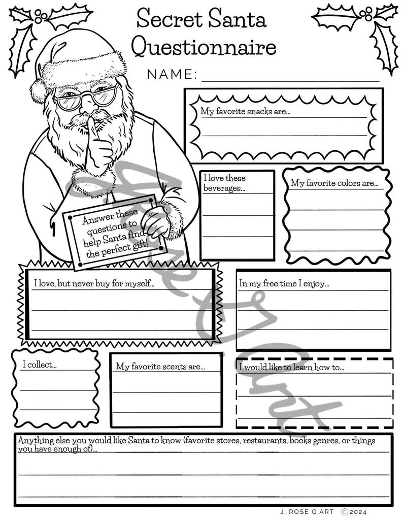 Secret Santa Coloring Page and Questionnaire - Etsy
