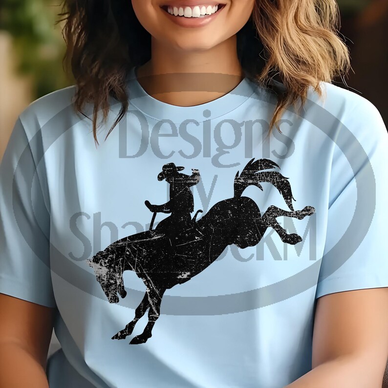 Printable PNG Design | Bronc Rider With Distressed Texture | Black and ...
