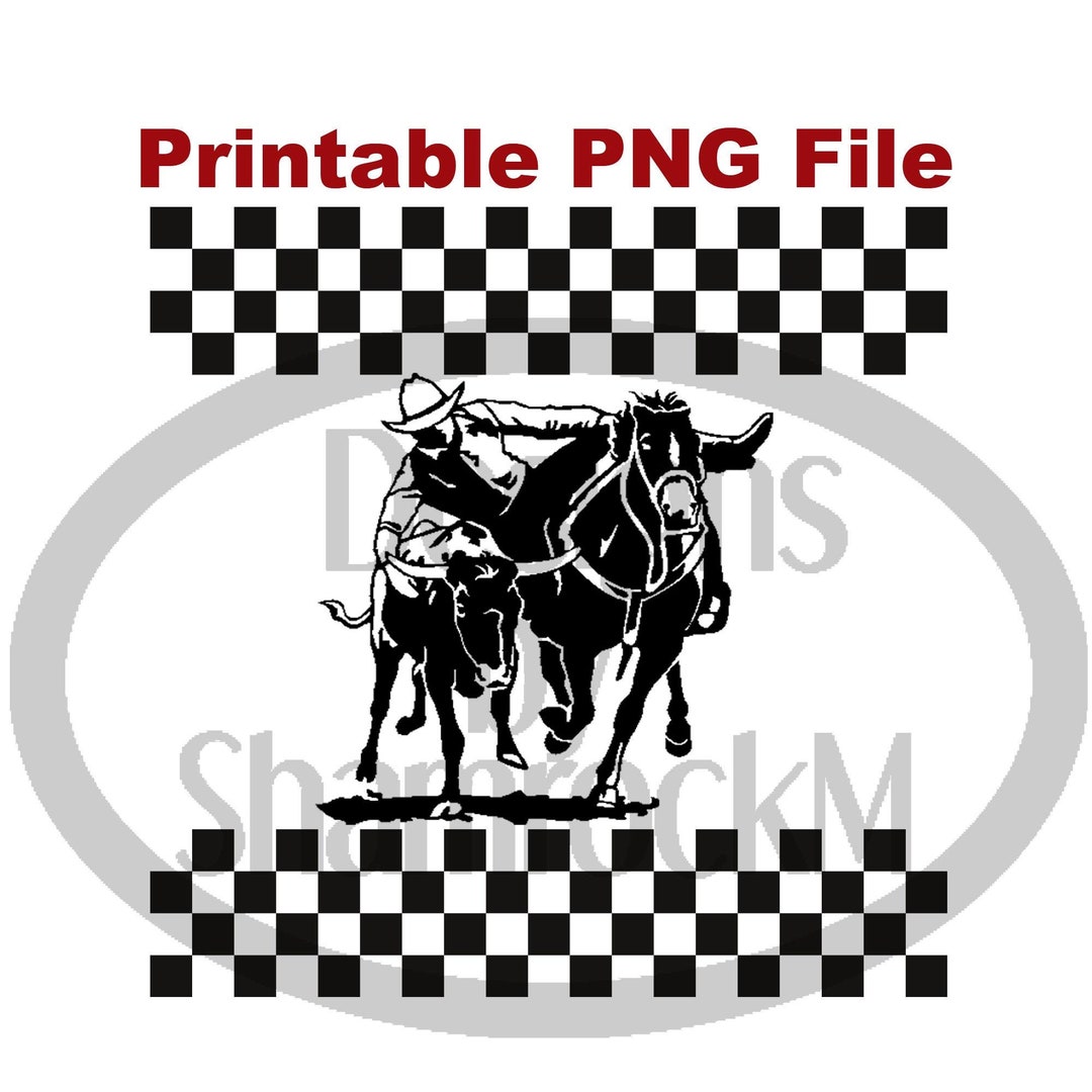 Printable Digital File | Steer Wrestler With Checkerboard Border | Png ...