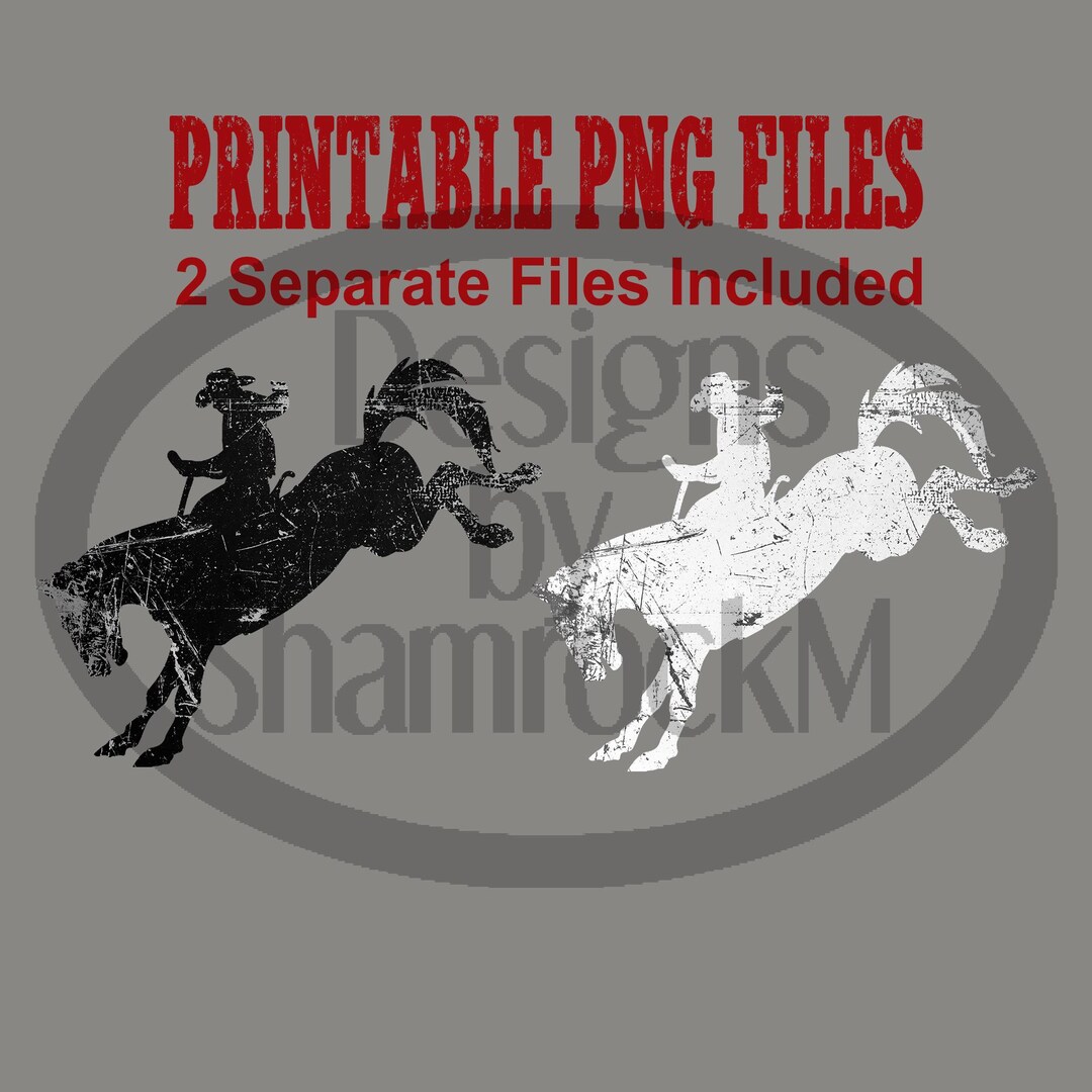 Printable PNG Design | Bronc Rider With Distressed Texture | Black and ...