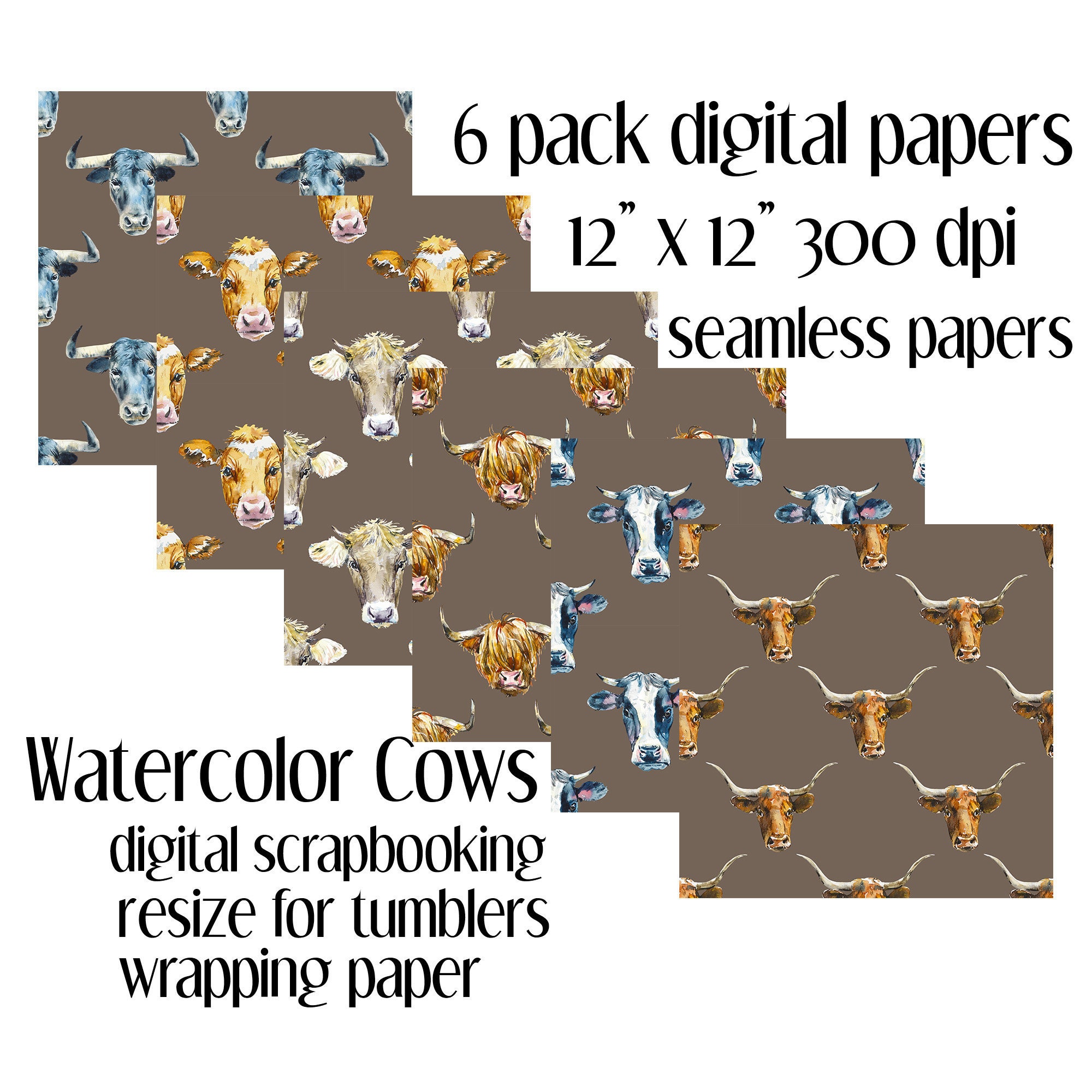 Printable Digital Papers Watercolor Cows 12 X - Etsy