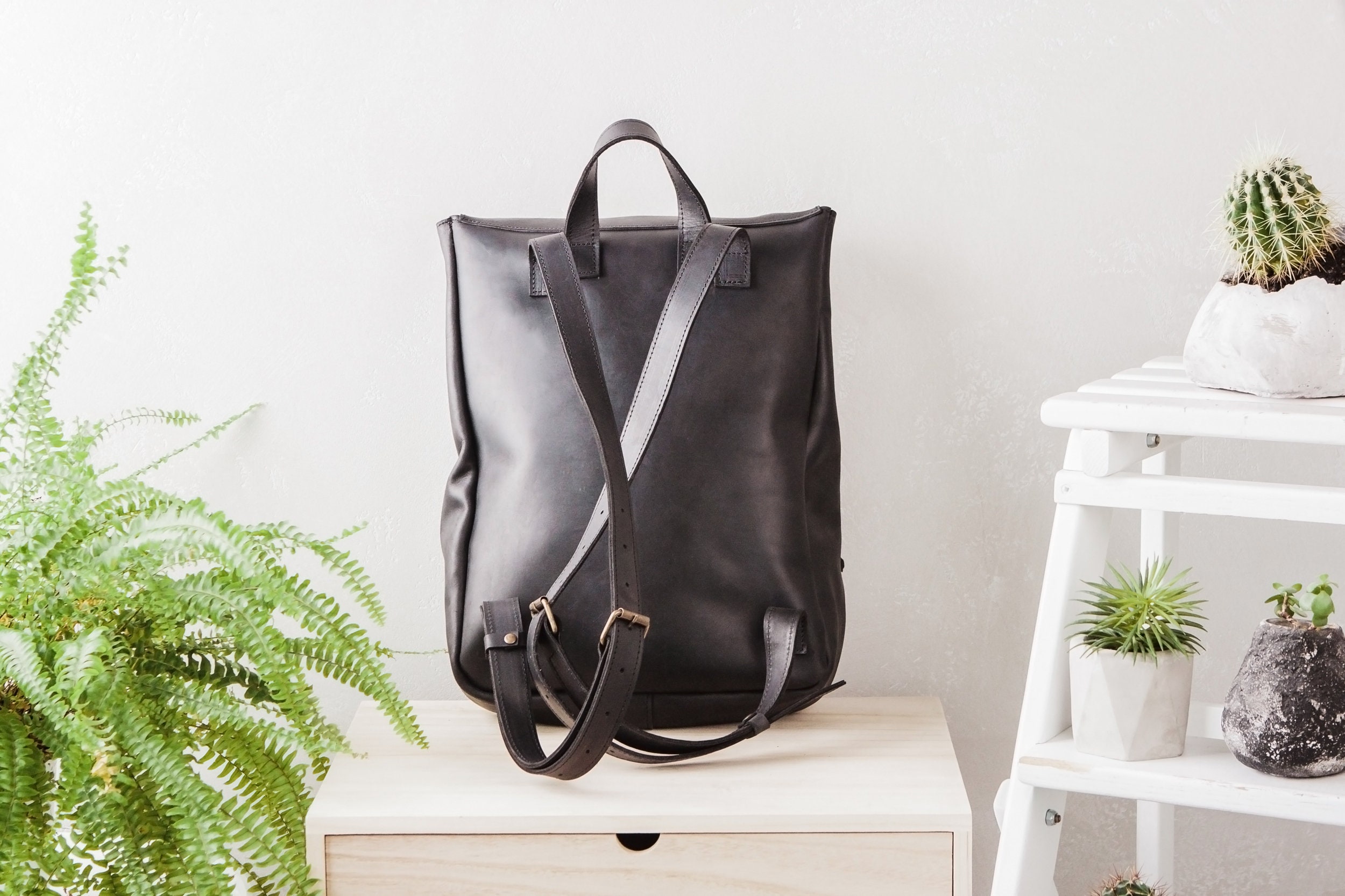 Minimalist Leather BackpackLaptop backpack MenBlack leather | Etsy