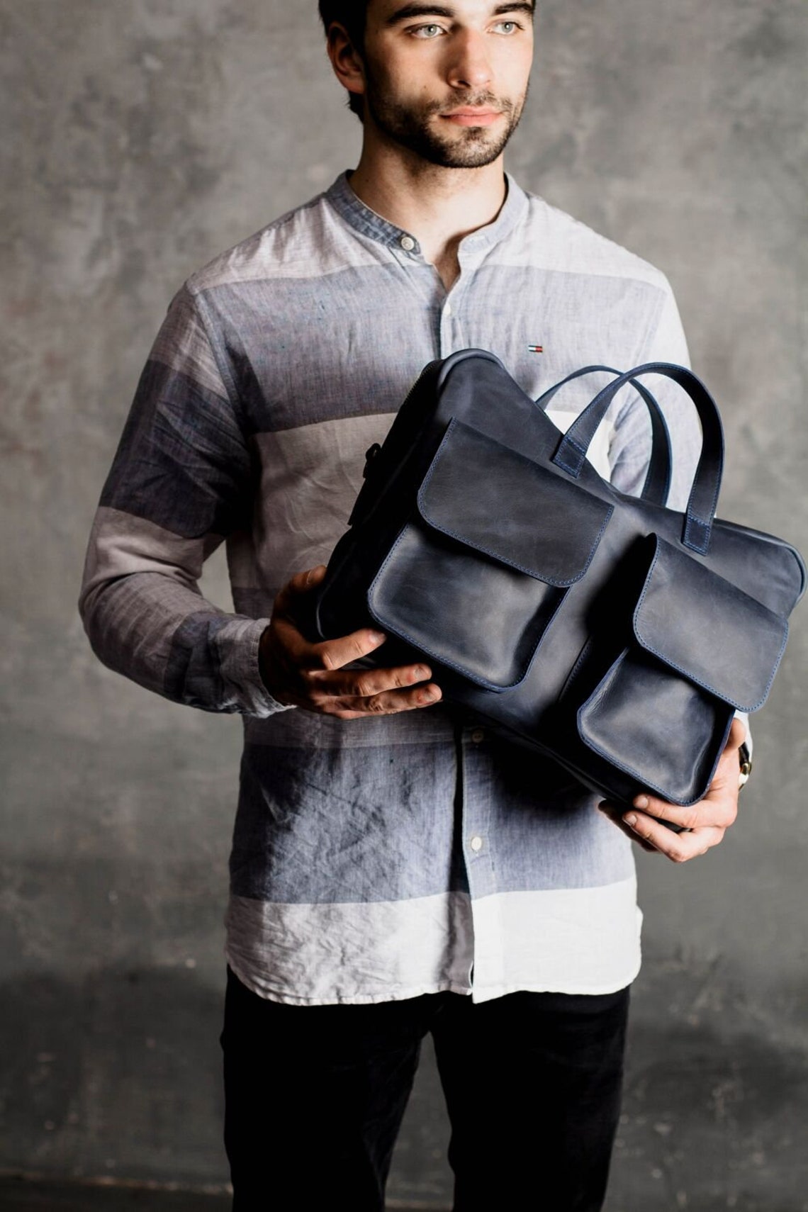 Blue Leather Tote,men Leather Shoulder Bag,leather Work Bag,17 Inch ...