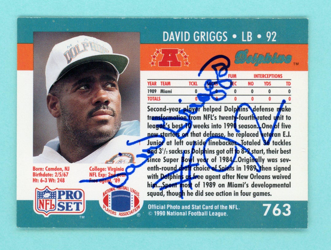 Autographed 1990 Proset Miami Dolphins: David Griggs (deceased ...