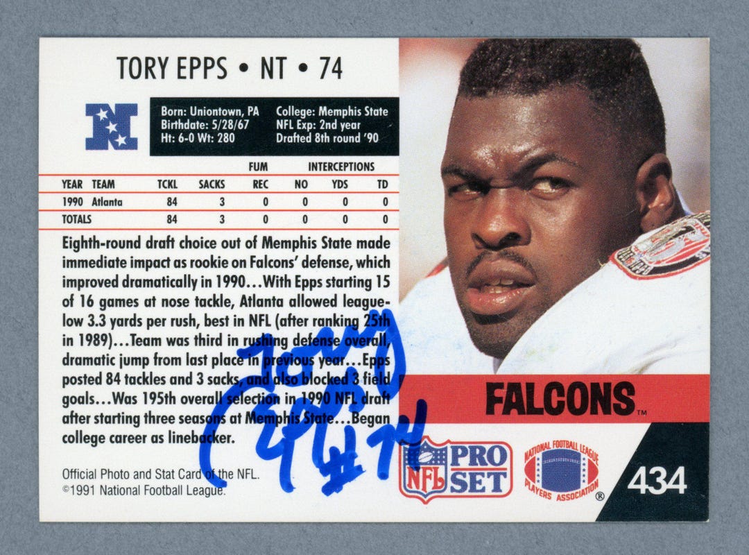 Vintage Autographed Atlanta Falcons 1991 Proset: Tory Epps (d. 2006 ...