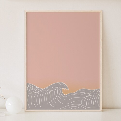 Boho Ocean Print Wave Line Art Modern Beach Style Blush - Etsy