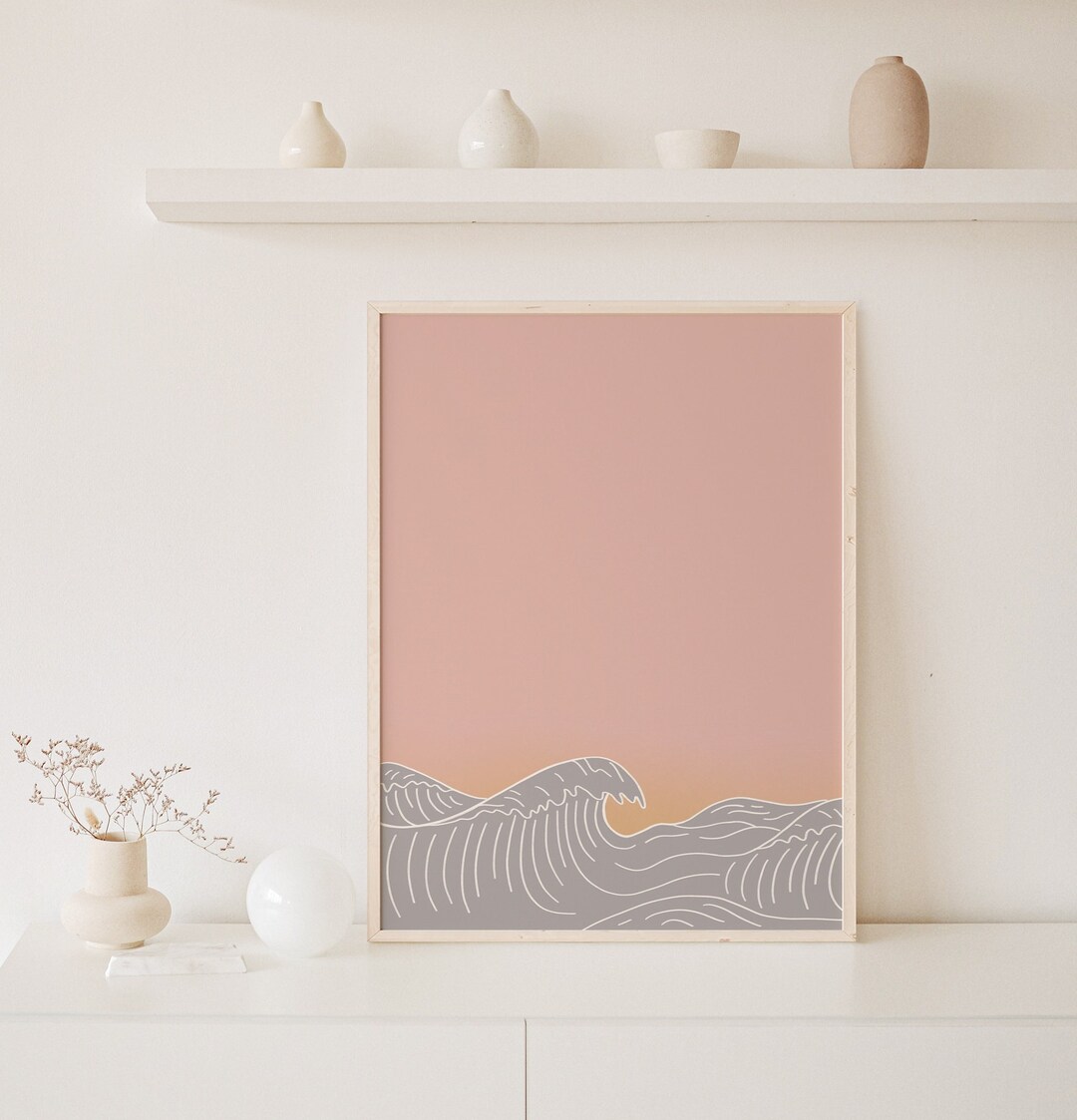 Boho Ocean Print, Wave Line Art, Modern Beach Style, Blush Pink ...