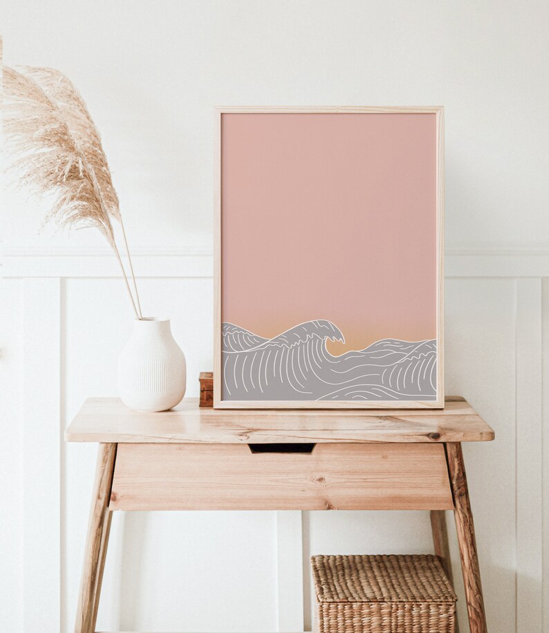 Boho Ocean Print Wave Line Art Modern Beach Style Blush - Etsy
