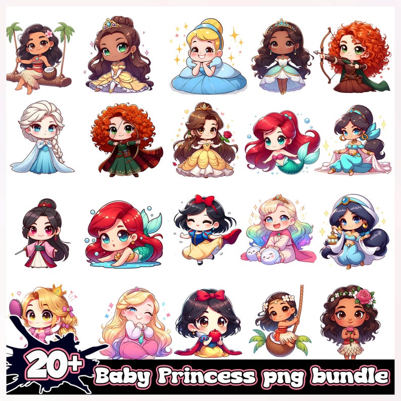 Baby Princess PNG Bundle, Chibi Princesses Clipart Set, Transparent ...