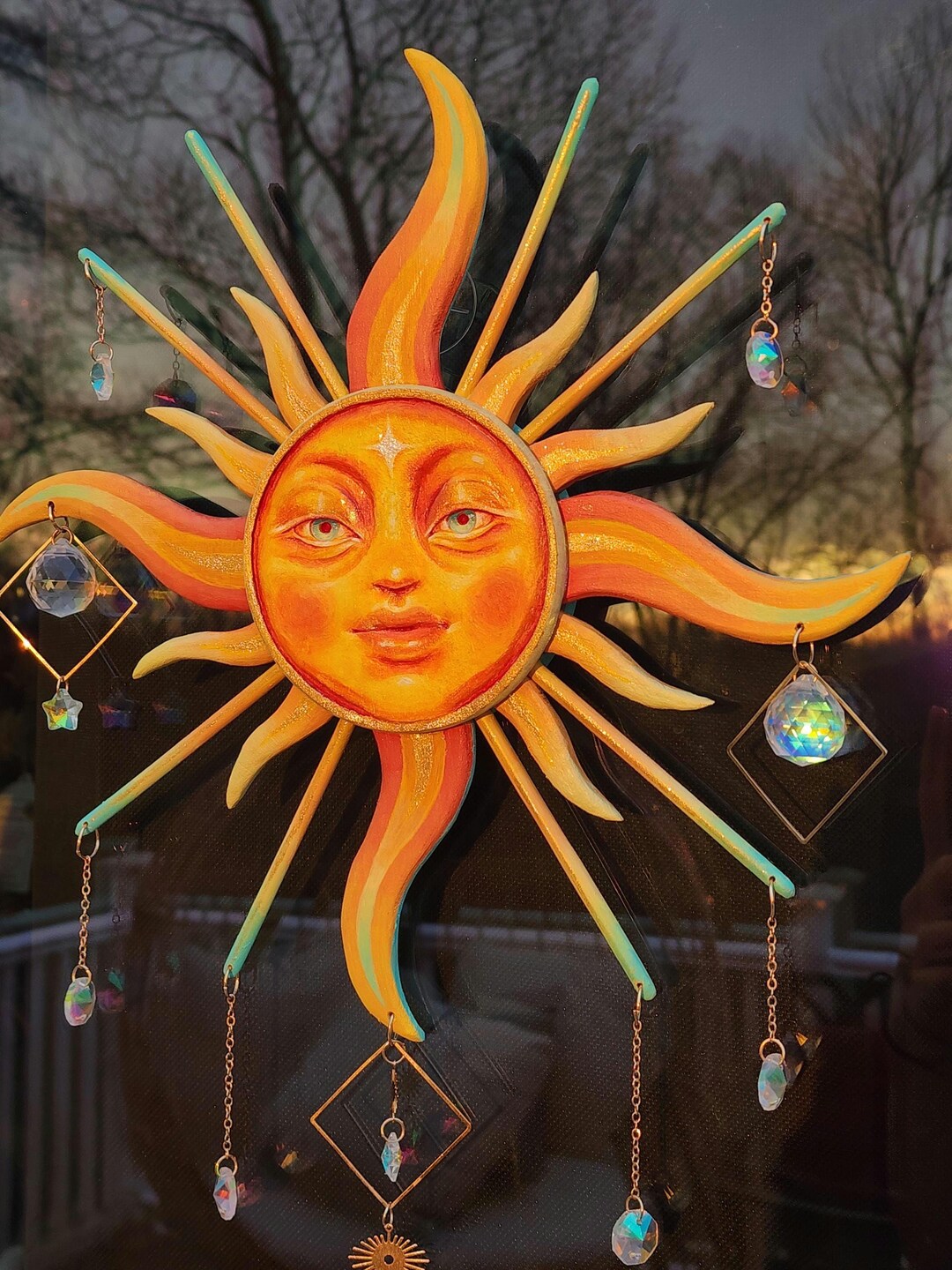 Hand Carved Sun Catcher With Crystal Gems - Etsy
