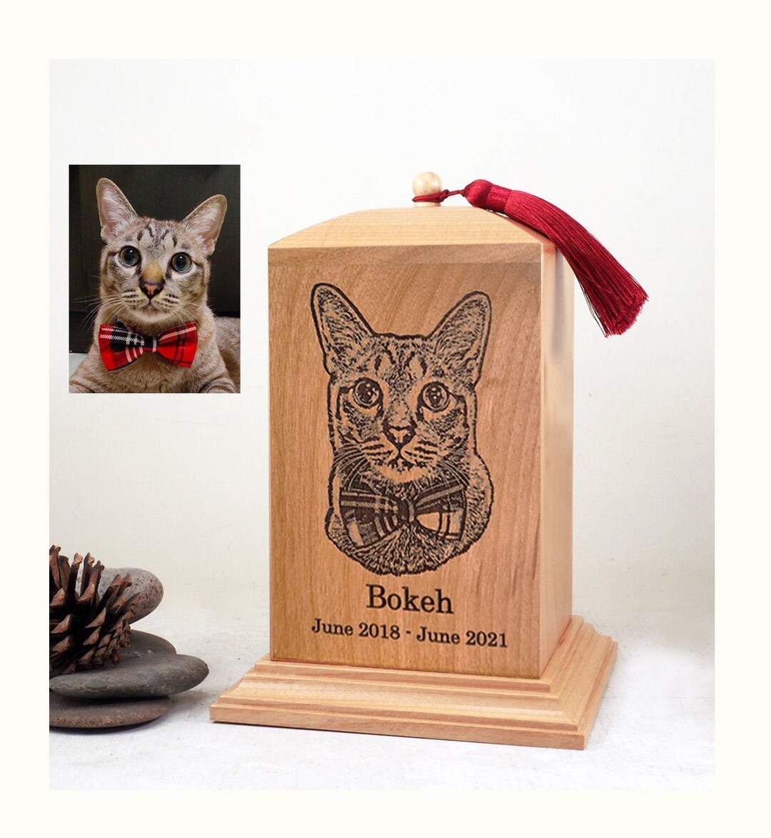 Engraved Cat Urn: Personalized Photo Memorial, Natural Alder Wood - Etsy