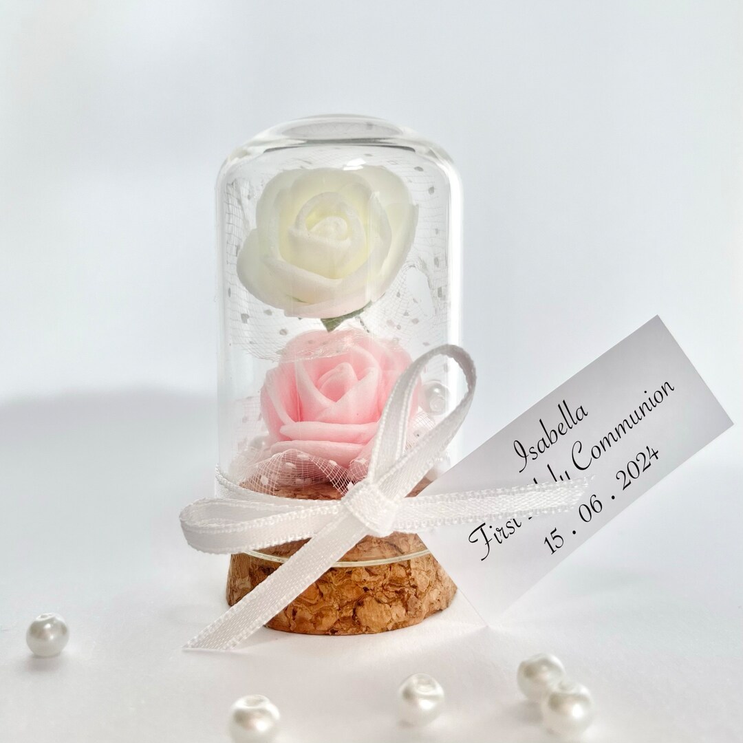 First Holy Communion Favour With Roses | White Pearls in Tiny Bottle ...