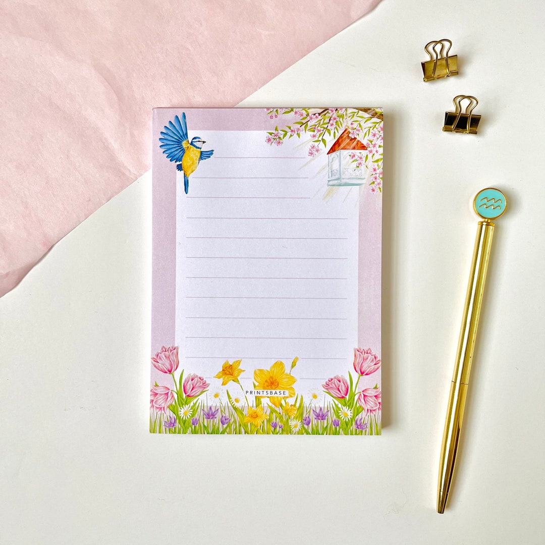 Spring Floral Notepad, Blue Tit, Birdhouse, Cherry Blossom Notepad ...