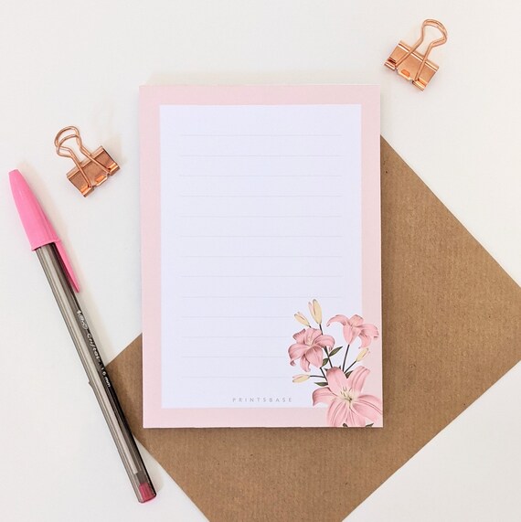 Pink Lilies Floral Notepad / Tear Off Pad with optional | Etsy