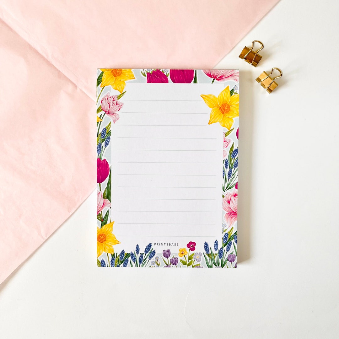 Spring Floral Notepad, Spring Flowers, Daffodils, Tulips, Lined Notepad ...