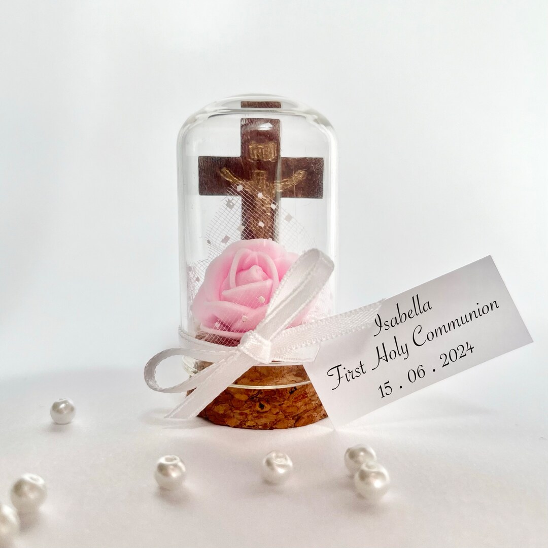 Rose First Holy Communion Favour With Cross White Pearls in Tiny Bottle ...