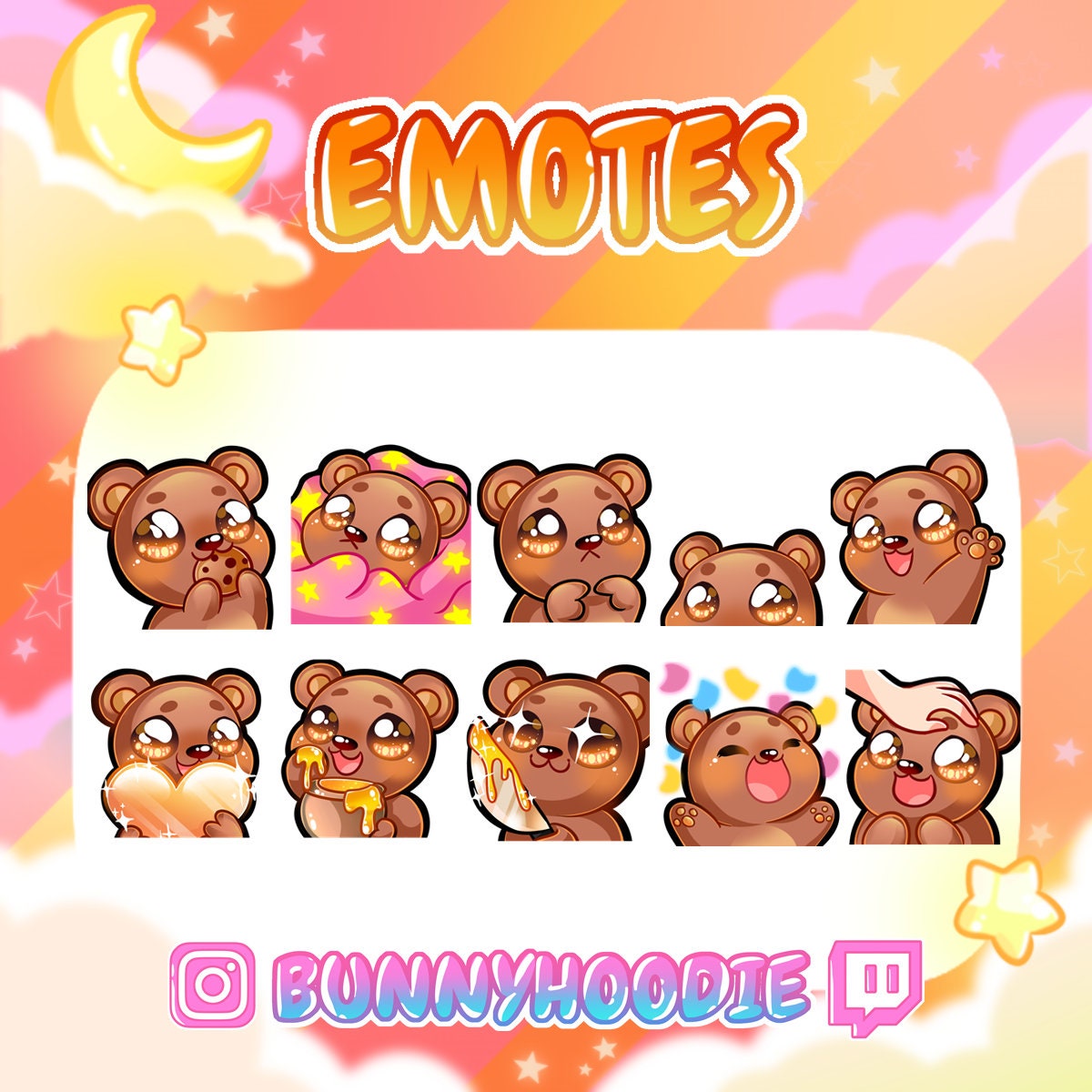 10 Kawaii Bear Twitch Emotes - P2U Emote Premade Pack Cute Honey Bears ...