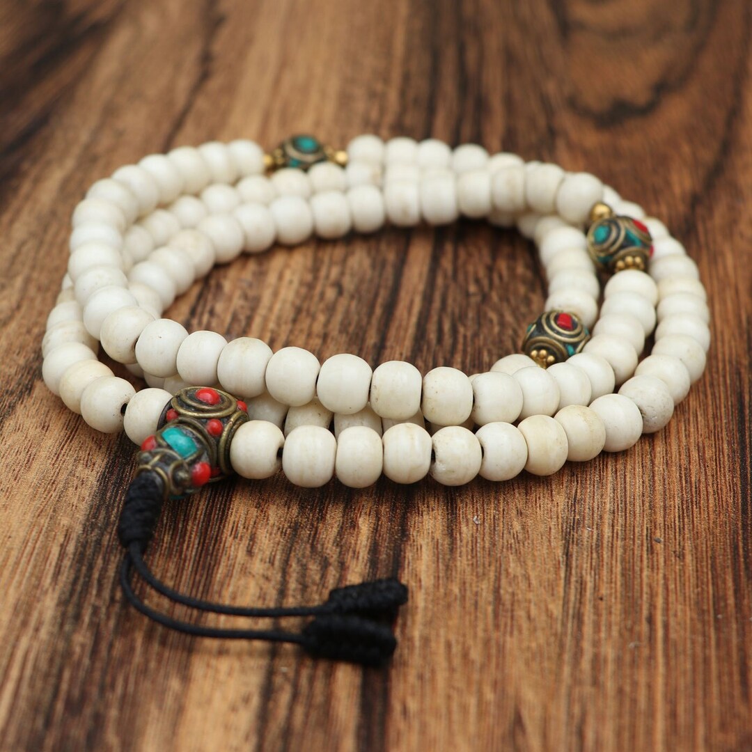 Yak Bone Prayer Mala, With Inlay Brass Beads, Yak Bone Japa Mala, White ...