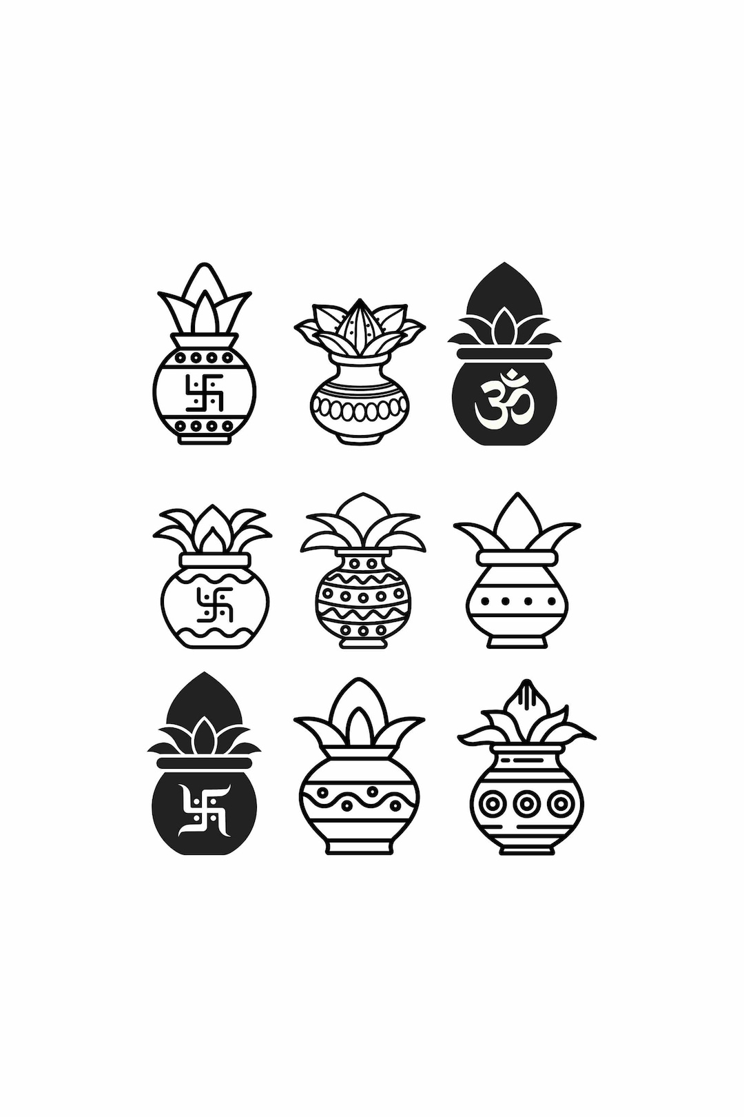 Set of 9 Kalash Outline Digital Pdf, Jpeg, PNG, Files, Cut File for ...