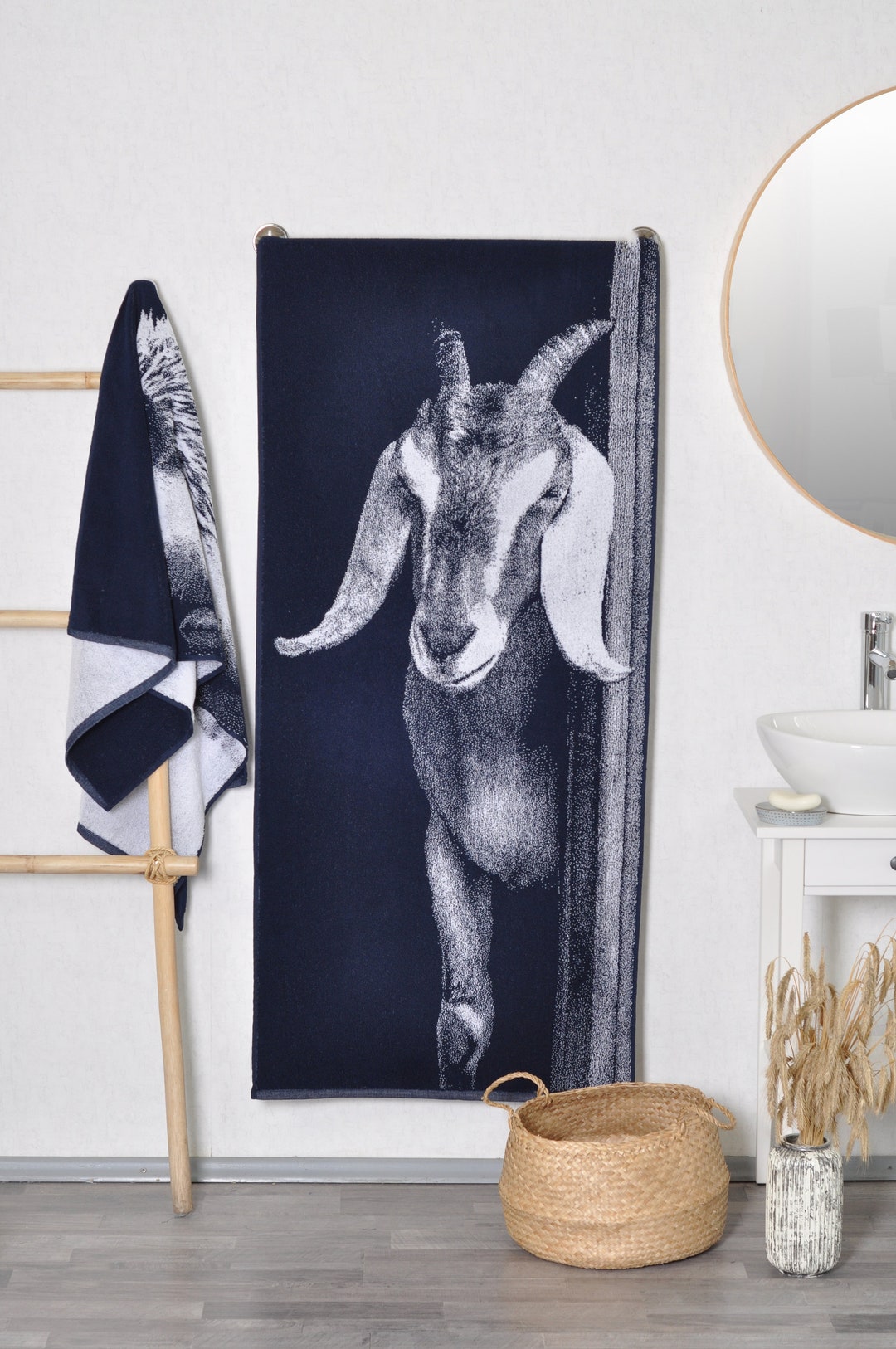 Goat Beach Towel: Woven Blue Cotton, Animal Lover Gift (59x26 Inches ...