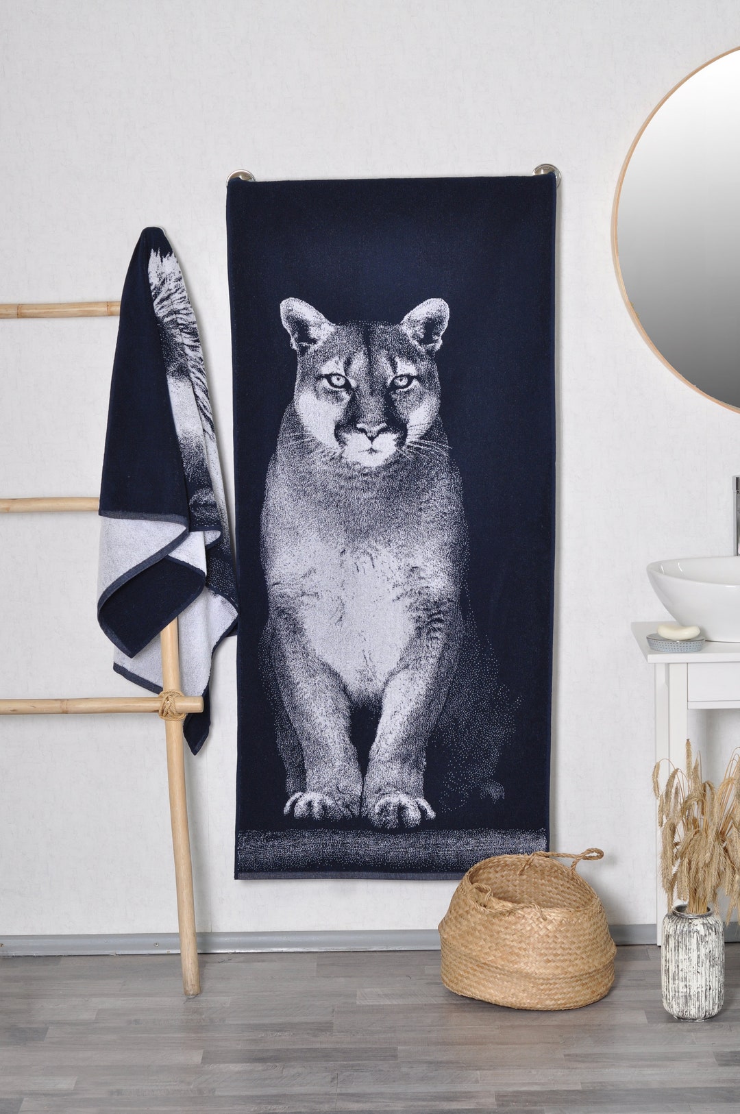 Blue Cotton Beach Towel: Puma Wildlife Design (59x26 Inches) - Etsy