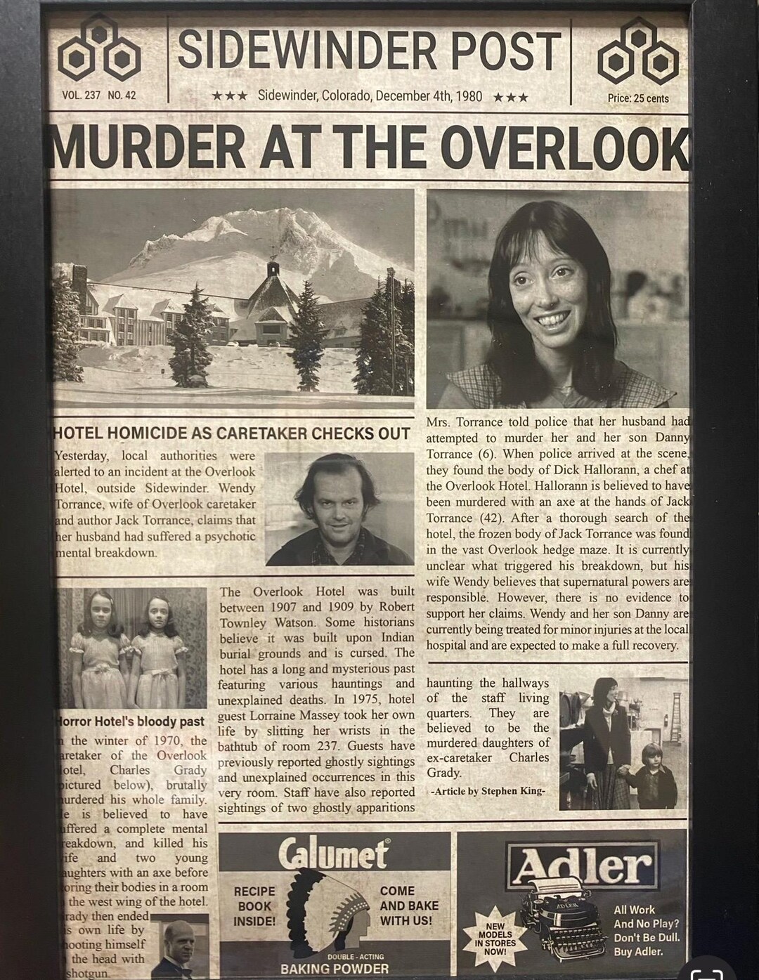 The Shinning Framed Newspaper - Horror Movie Wall Art, Vintage Cult ...